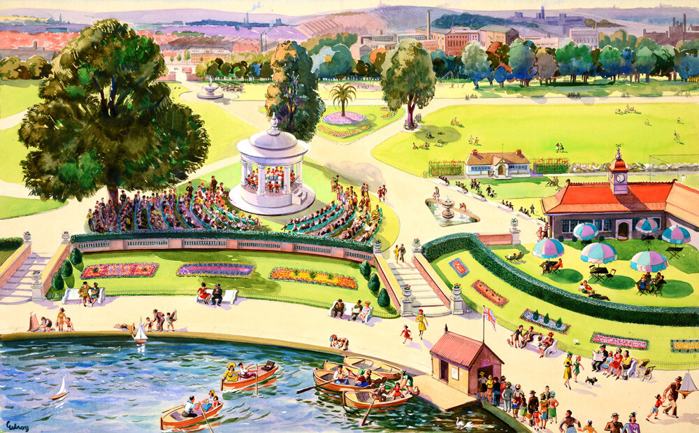 The British Scene - City park scene, 1939-1946 Art Print by John Thomas ...